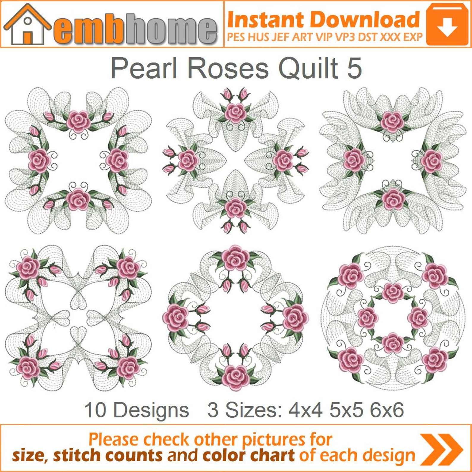 Pearl Roses Quilt Heirloom Block Machine Embroidery Designs - Etsy