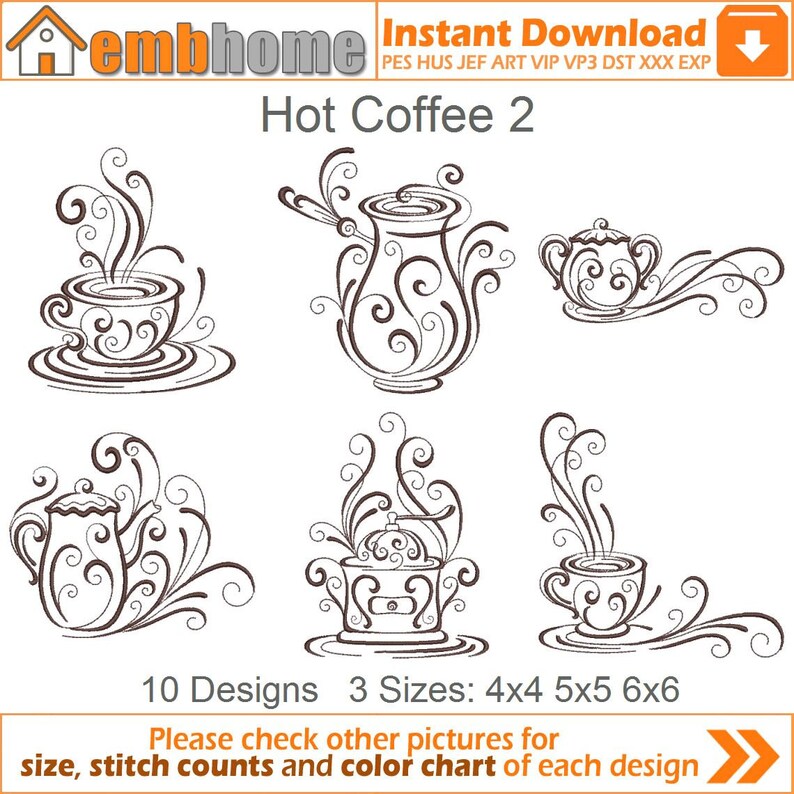 Hot Coffee Machine Embroidery Designs Instant Download 4x4 5x5 - Etsy