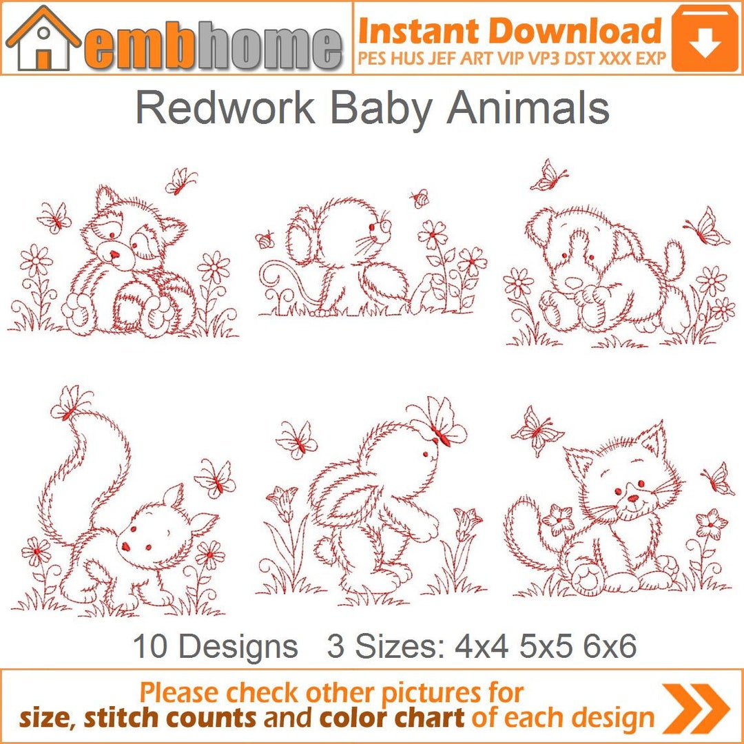 Redwork Baby Animals Machine Embroidery Designs Pack Instant Download ...