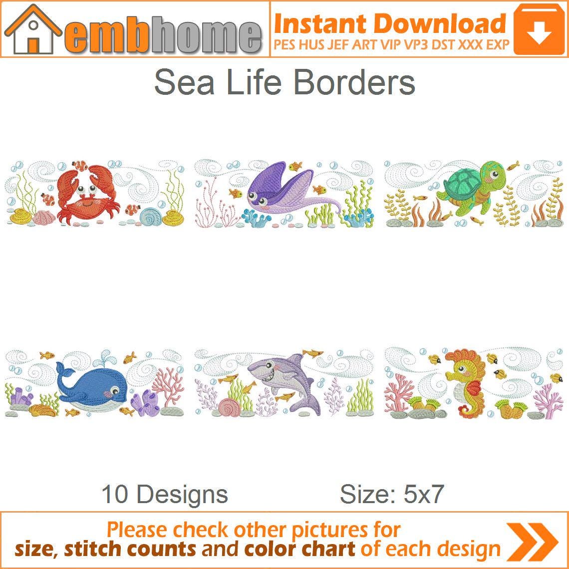 Sea Life Borders Machine Embroidery Designs Instant Download 5x7 Hoop ...