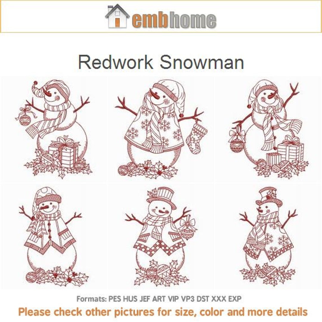 Redwork Snowman Christmas Holiday Machine Embroidery Designs Pack ...