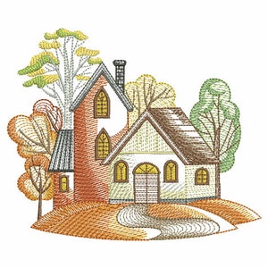 Fall Cabin Scene Machine Embroidery Designs Pack Instant Download 4x4 ...
