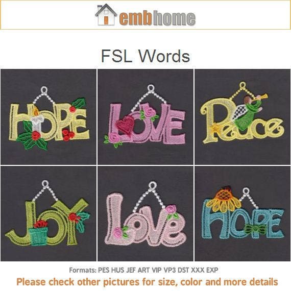 FSL Words Free Standing Lace Machine Embroidery Designs | Etsy UK