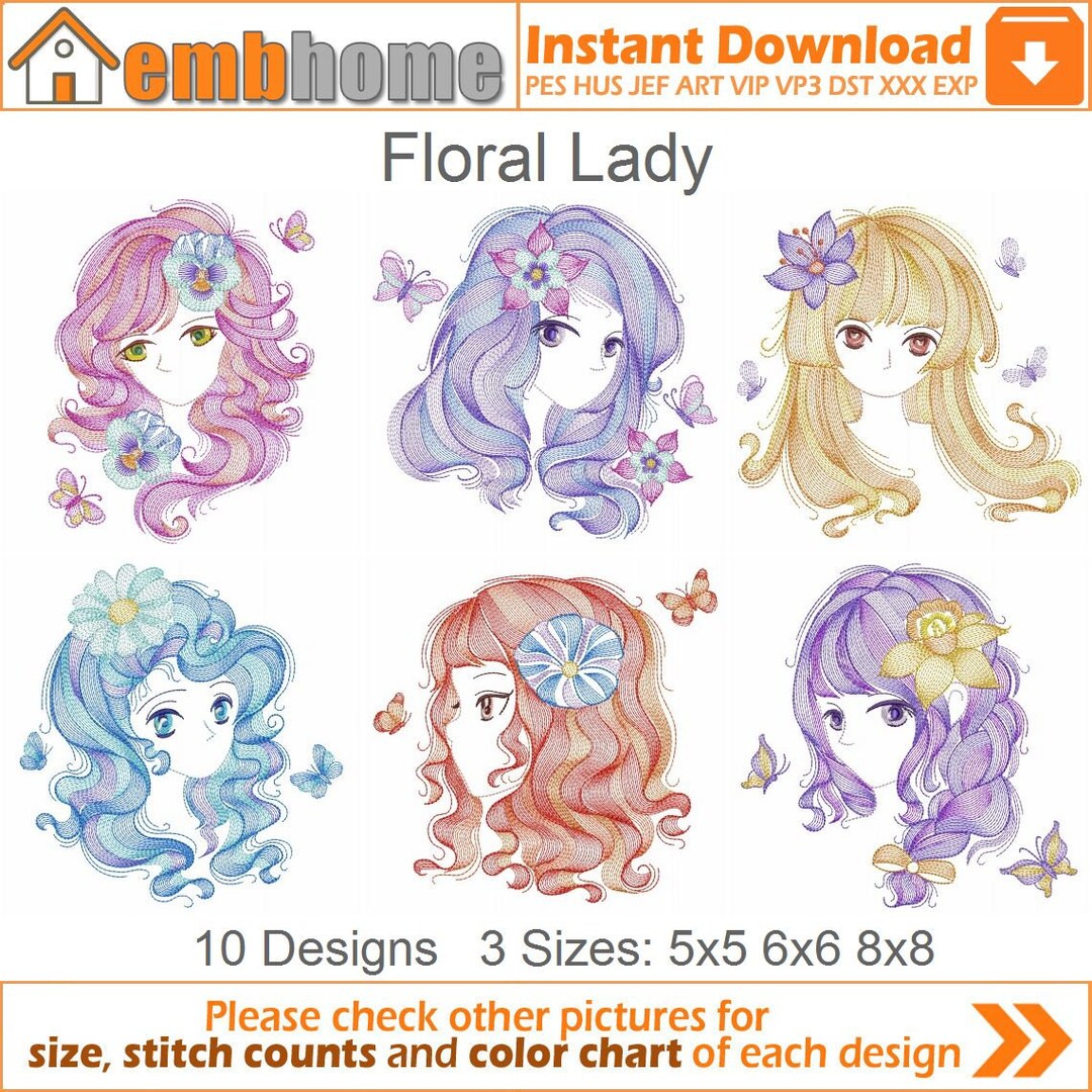 Floral Lady Embroidery Designs Instant Download 5x5 6x6 8x8 Hoop 10 ...