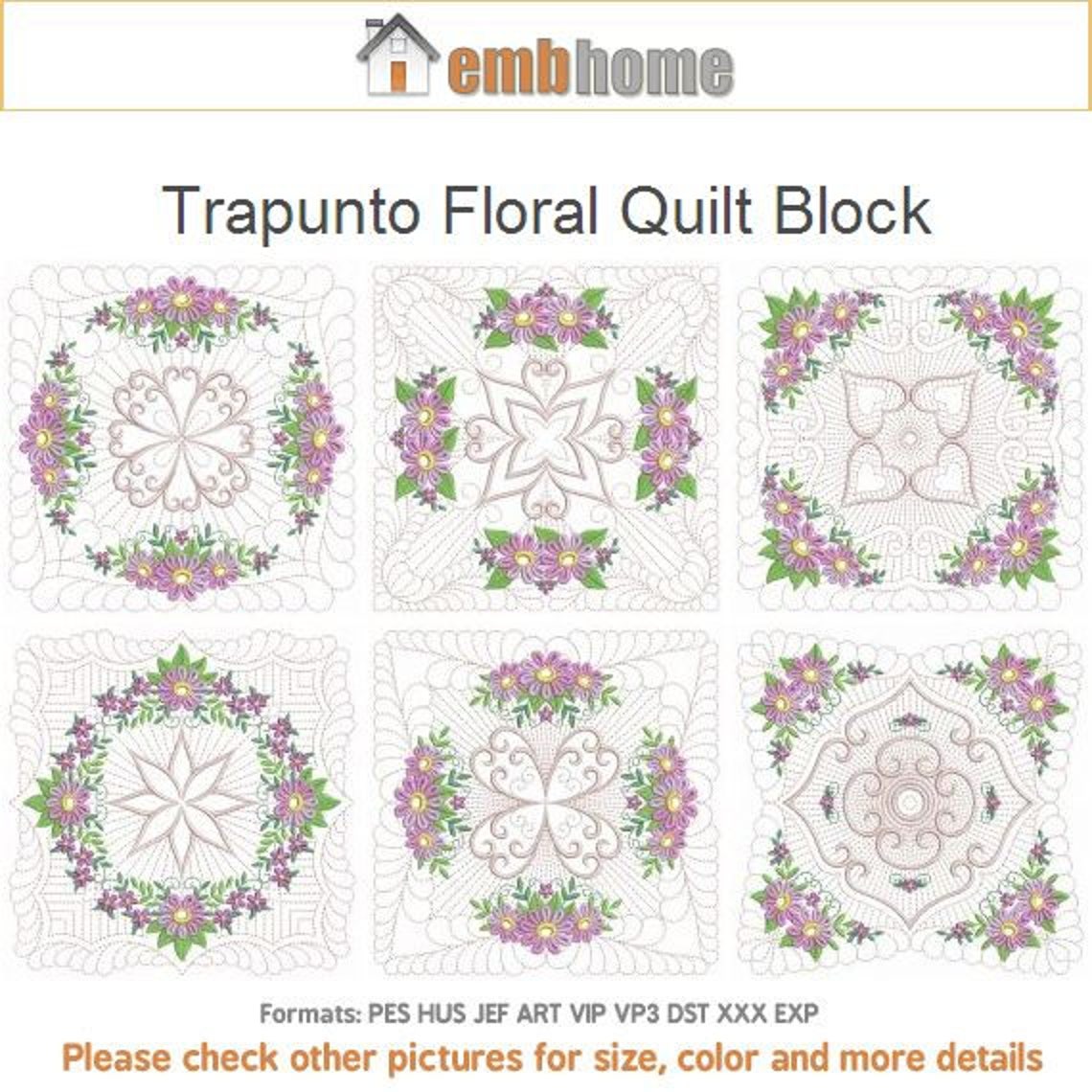 Trapunto Floral Quilt Block Machine Embroidery Designs Pack - Etsy