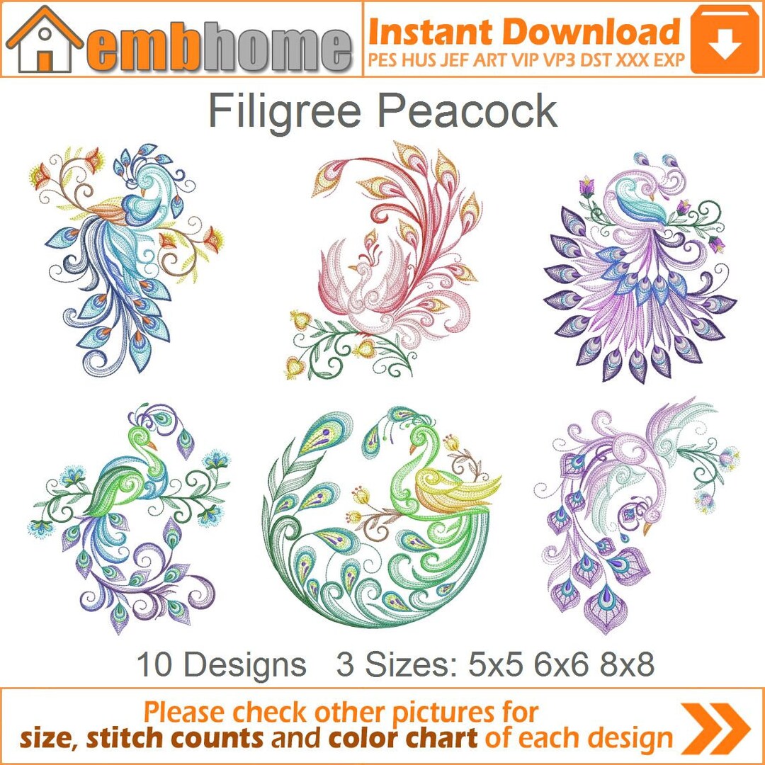 Filigree Peacock Machine Embroidery Designs Pack Instant Download 5x5 ...