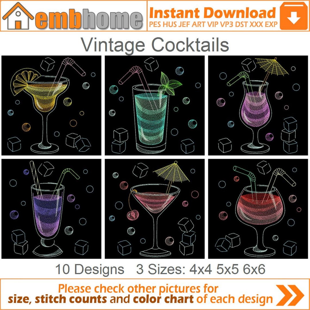 Vintage Cocktails Machine Embroidery Designs Instant Download 4x4 5x5 ...
