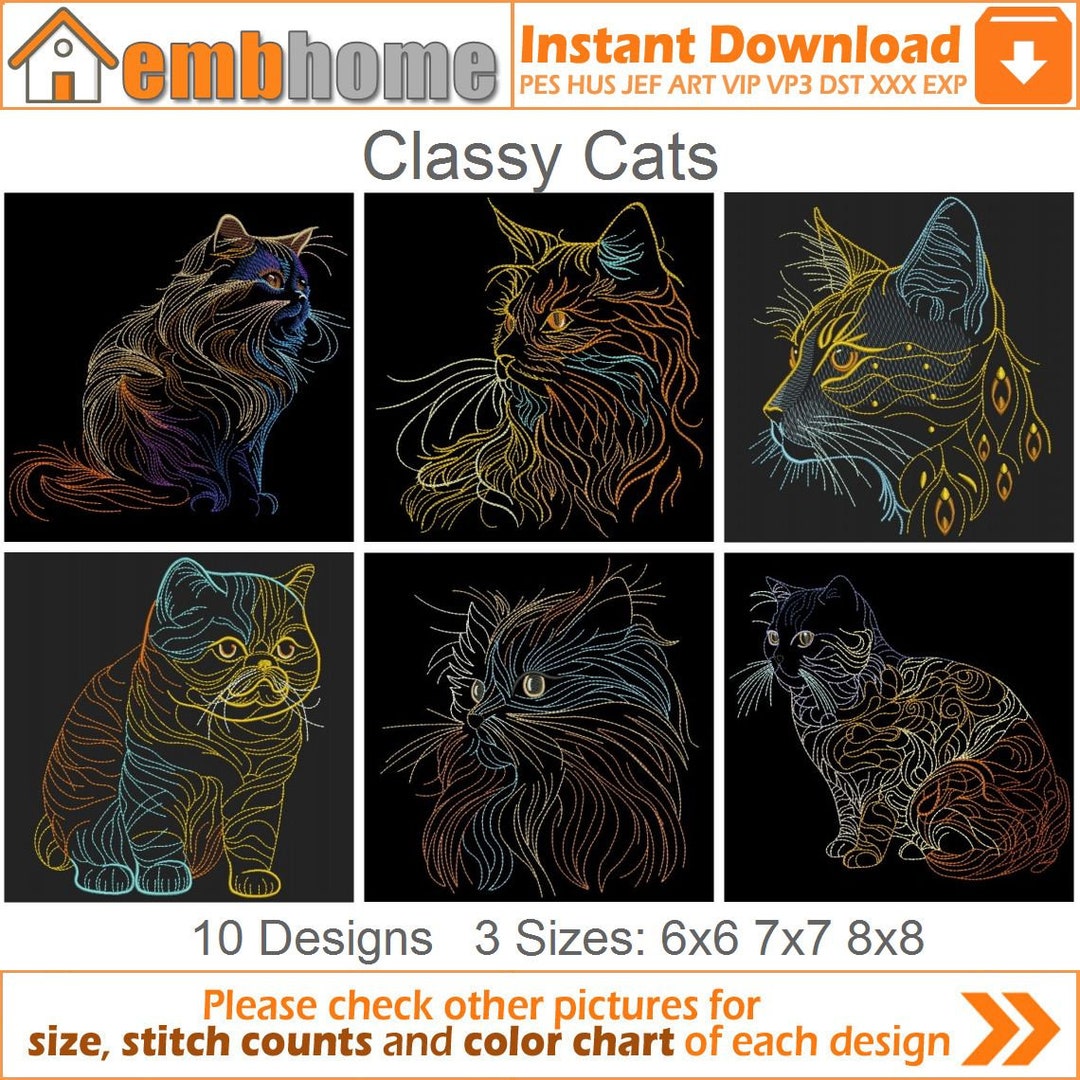 Classy Cats Machine Embroidery Designs Instant Download 6x6 7x7 8x8 ...