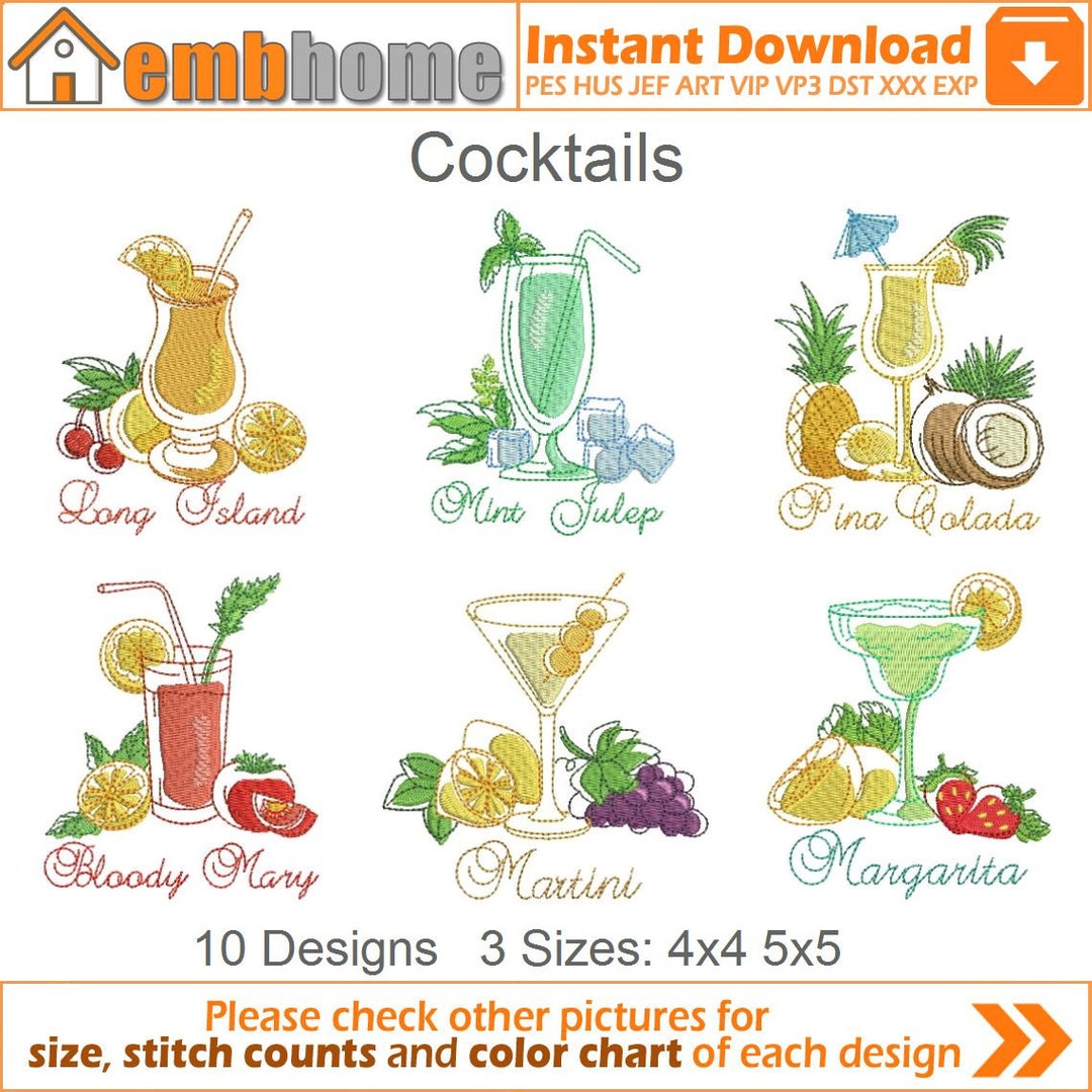 Cocktails Machine Embroidery Designs Pack Instant Download 4x4 5x5 6x6 ...