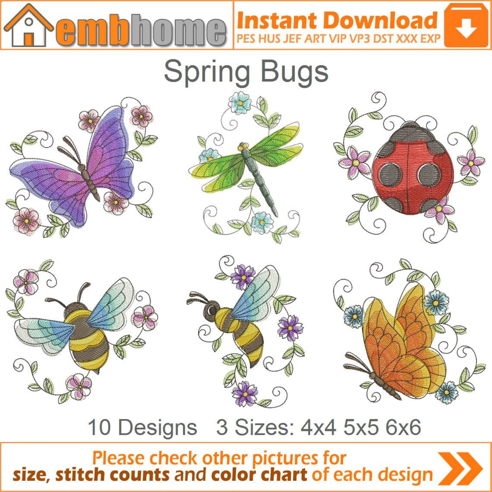 Spring Bugs Machine Embroidery Designs Instant Download 4x4 5x5 6x6 ...