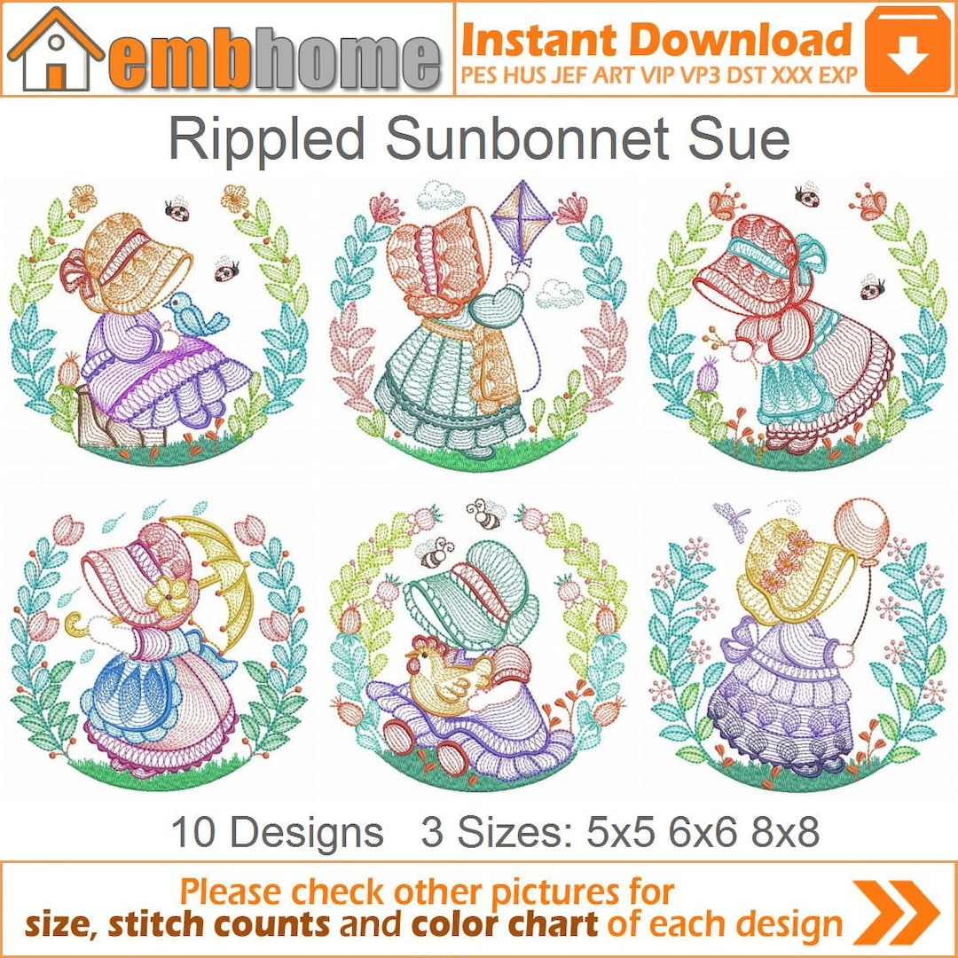 Rippled Sunbonnet Sue Machine Embroidery Designs Pack Instant Download ...