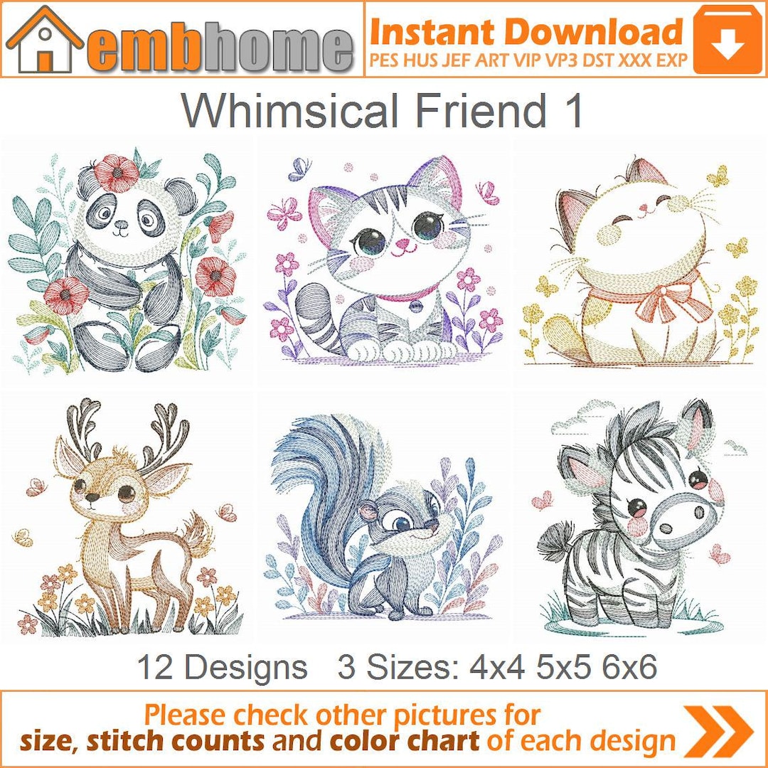 Whimsical Friend Machine Embroidery Designs Pack Instant Download 4x4 ...