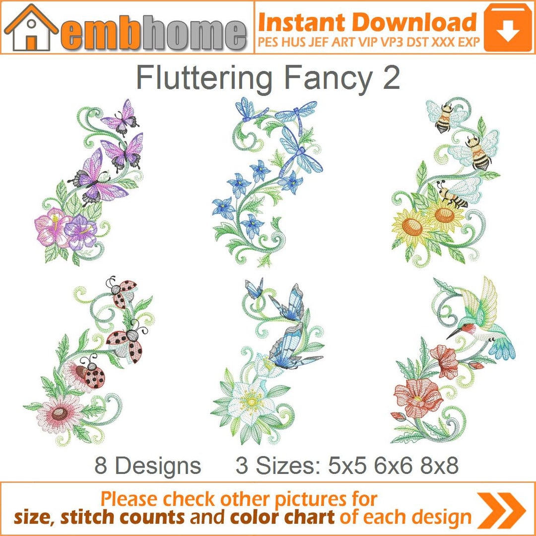 Fluttering Fancy Machine Embroidery Designs Pack Instant Download 5x5 ...