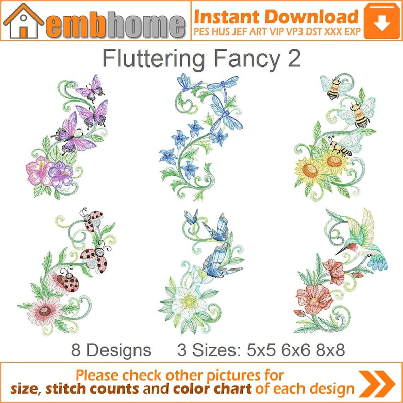 Fluttering Fancy Machine Embroidery Designs Pack Instant Download 5x5 ...