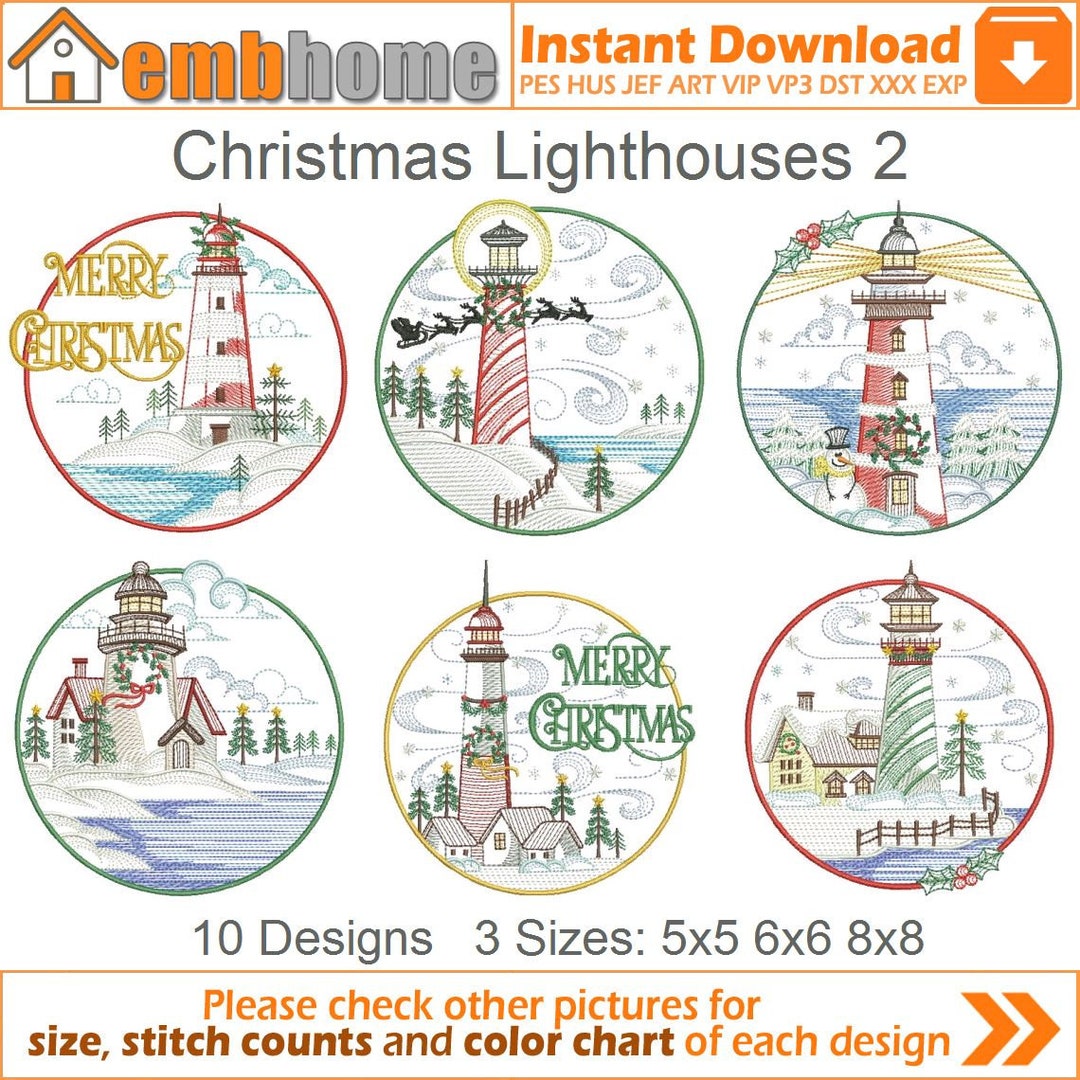 Christmas Lighthouses Machine Embroidery Designs Pack Instant Download ...