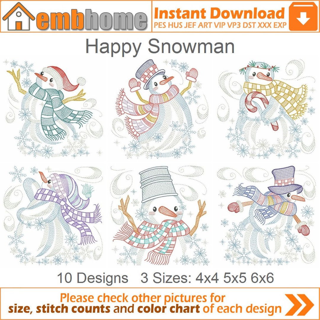 Happy Snowman Machine Embroidery Designs Instant Download 4x4 5x5 6x6 ...