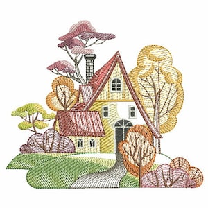 Fall Cabin Scene Machine Embroidery Designs Pack Instant Download 4x4 ...
