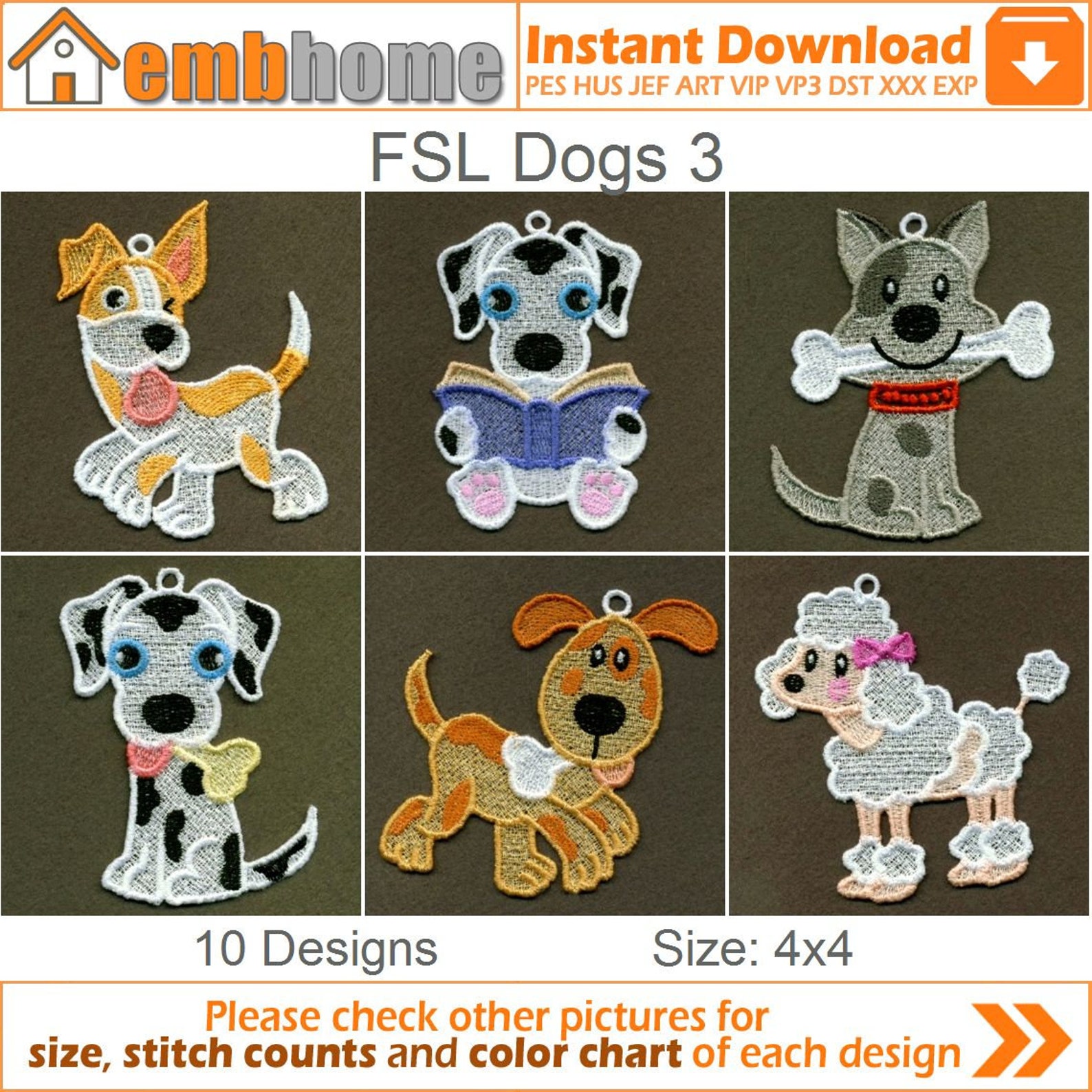 FSL Dogs Cute Animal Ornament Free Standing Lace Machine Embroidery ...
