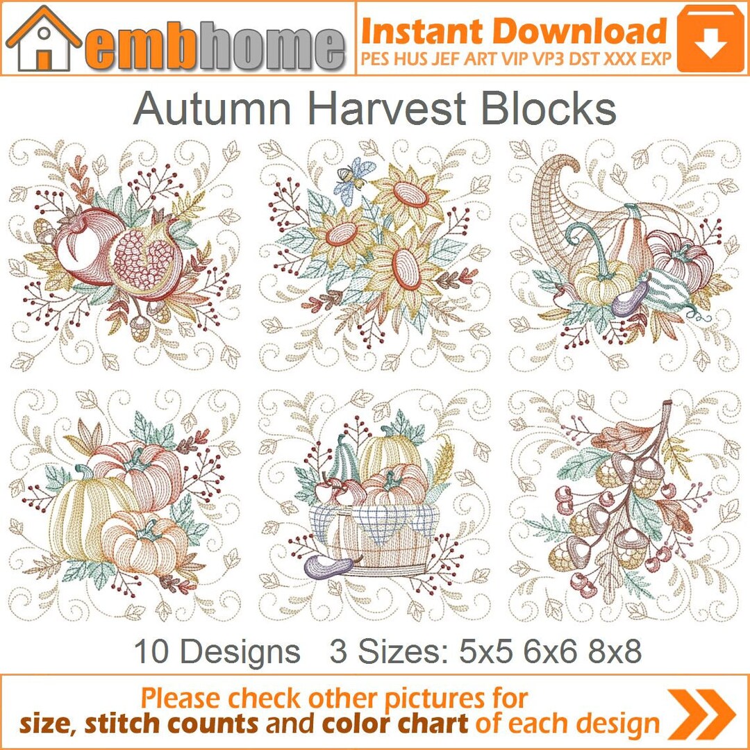 Autumn Harvest Blocks Machine Embroidery Designs Pack Instant Download ...