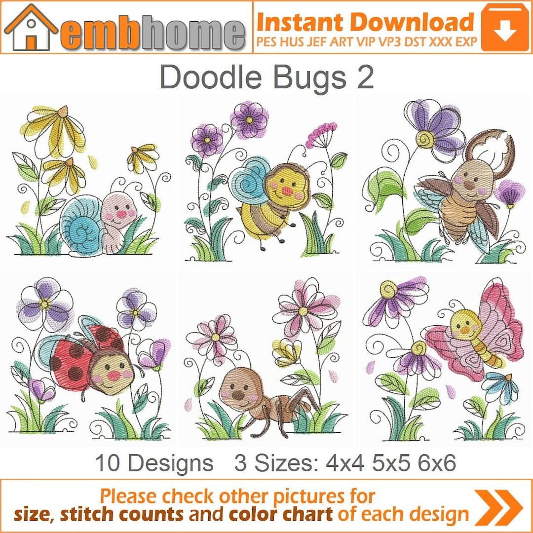 Doodle Bugs Machine Embroidery Designs Instant Download 4x4 5x5 6x6 ...