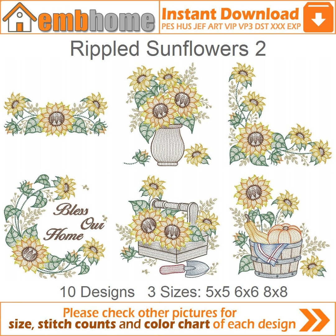 Rippled Sunflowers Machine Embroidery Designs Pack Instant Download 5x5 ...