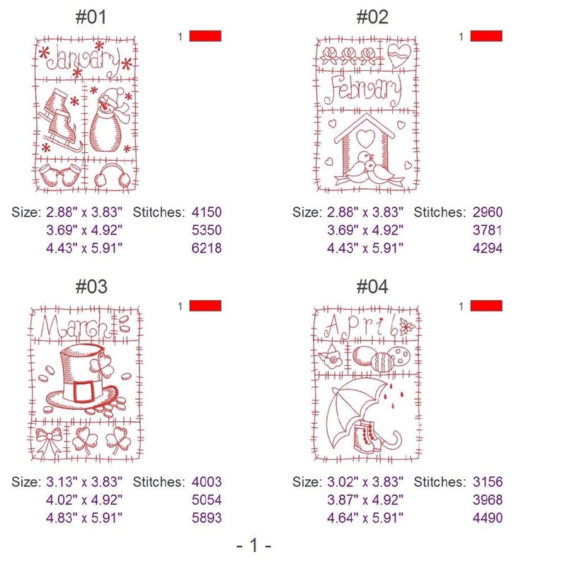 Redwork 12 Months of the Year Monthly Blocks Machine Embroidery Designs ...