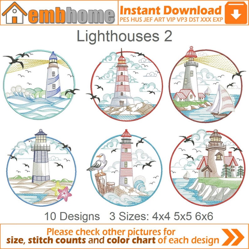 Lighthouses Machine Embroidery Designs Pack Instant Download 4x4 5x5 ...