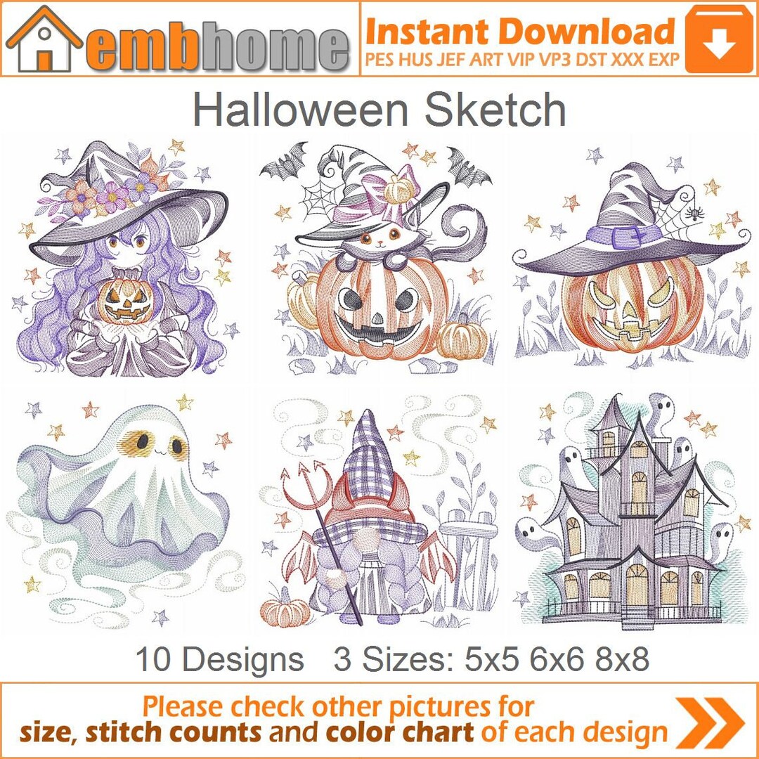 Halloween Sketch Machine Embroidery Designs Instant Download 5x5 6x6 ...