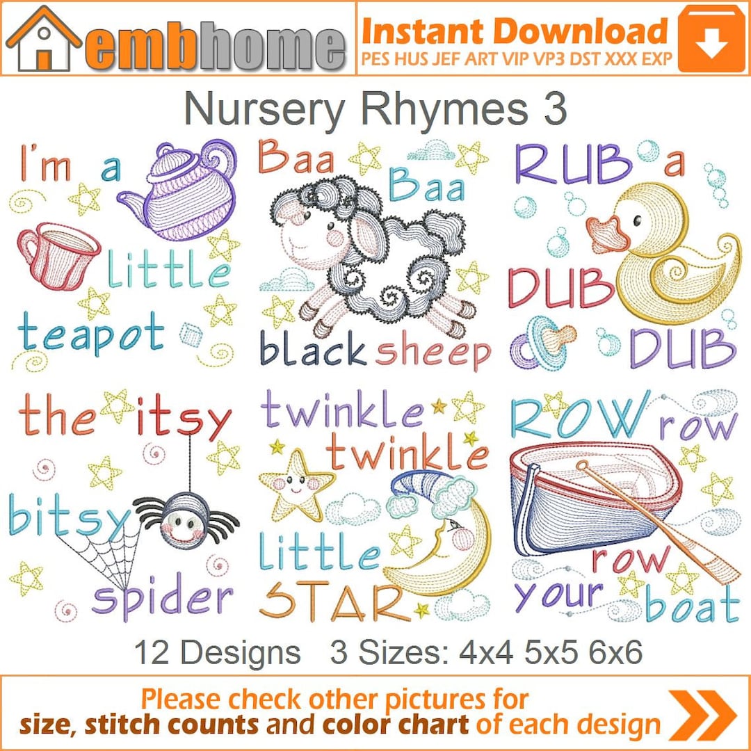 Nursery Rhymes Machine Embroidery Designs Instant Download 4x4 5x5 6x6 ...