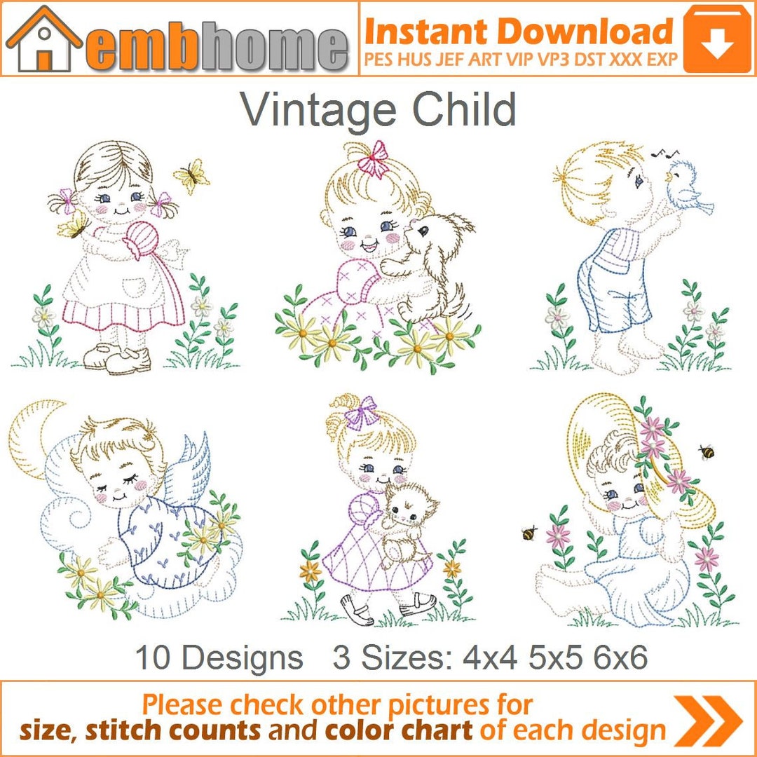 Vintage Child Machine Embroidery Designs Pack Instant Download 4x4 5x5 ...