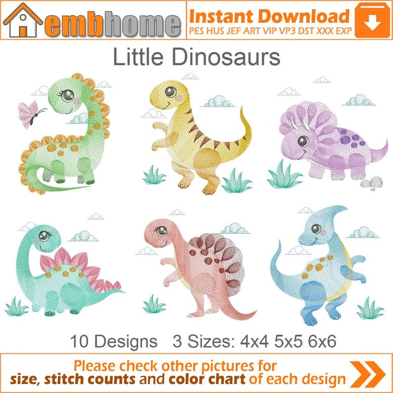 Little Dinosaurs Machine Embroidery Designs Pack Instant Download 4x4 ...