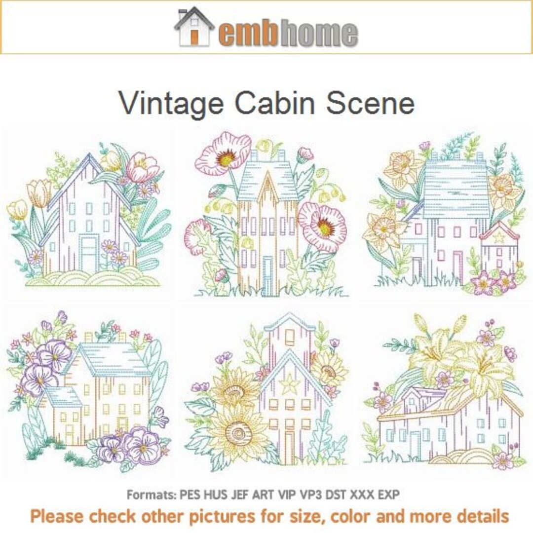 Vintage Cabin Scene Machine Embroidery Designs Pack Instant Download ...