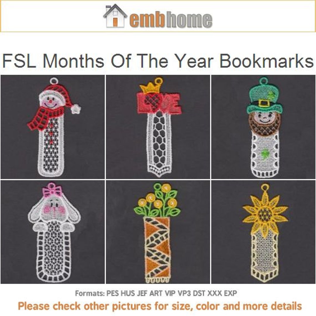 FSL Months of the Year Bookmarks Free Standing Lace Machine Embroidery ...