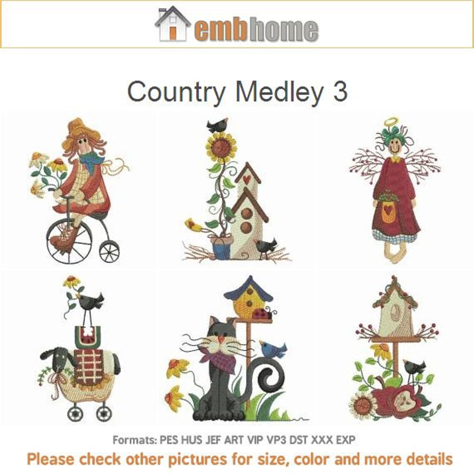Country Medley Primitive Machine Embroidery Designs Pack | Etsy