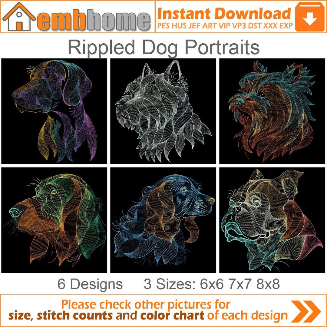 Rippled Dog Portraits Machine Embroidery Designs Instant Download 6x6 ...