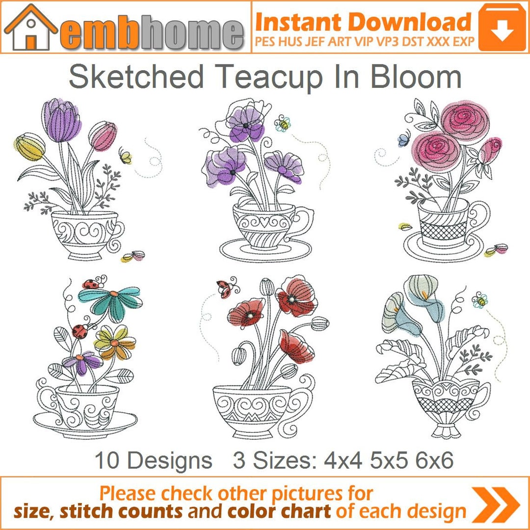 Sketched Teacup in Bloom Machine Embroidery Designs Instant Download ...