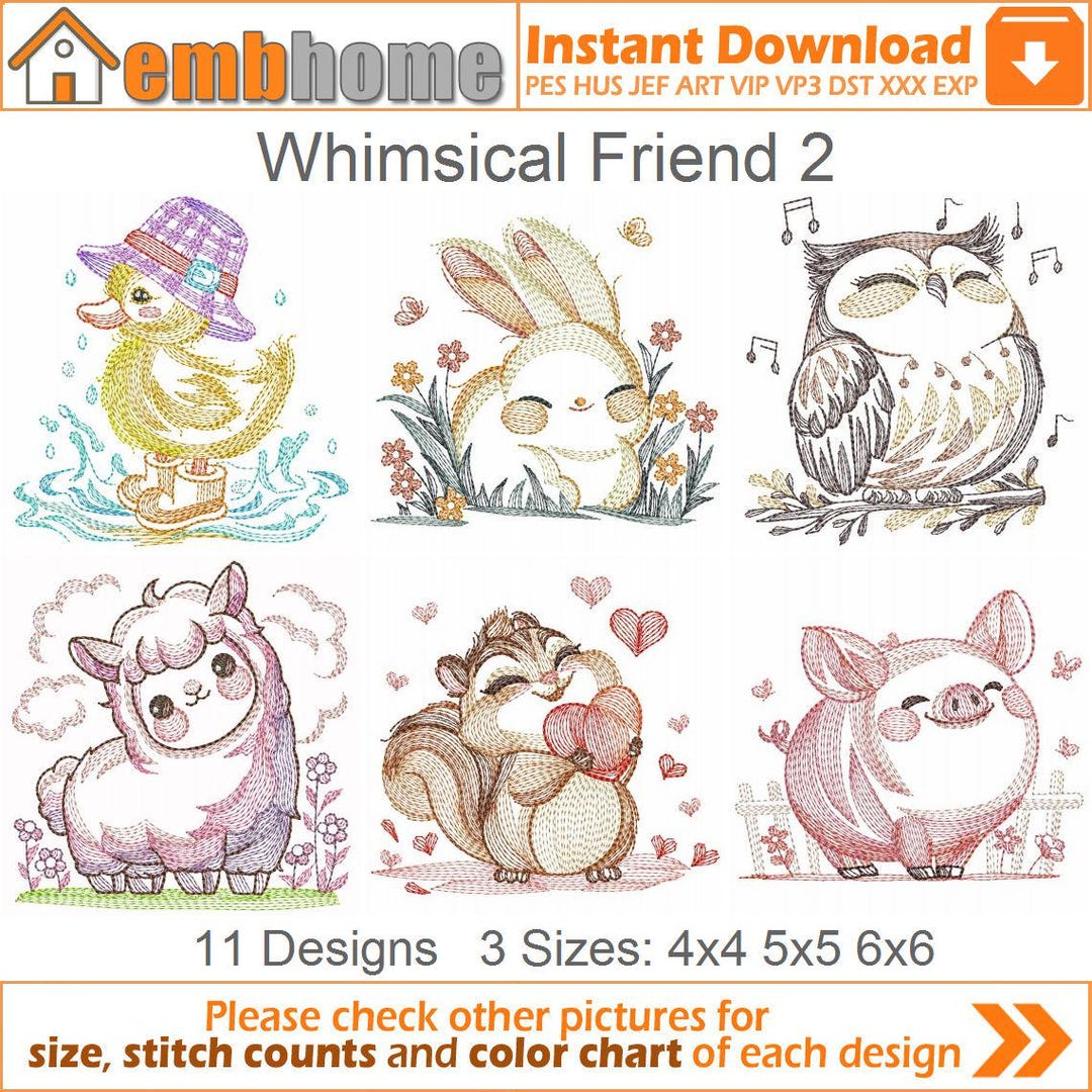 Whimsical Friend Machine Embroidery Designs Pack Instant Download 4x4 ...