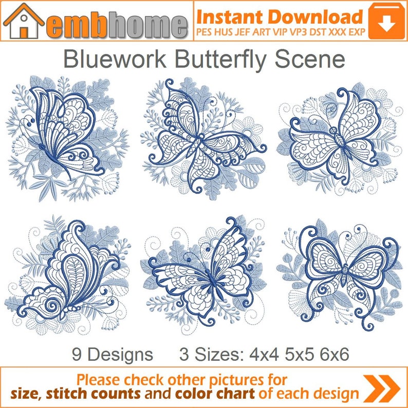 Bluework Butterfly Scene Machine Embroidery Designs Instant - Etsy