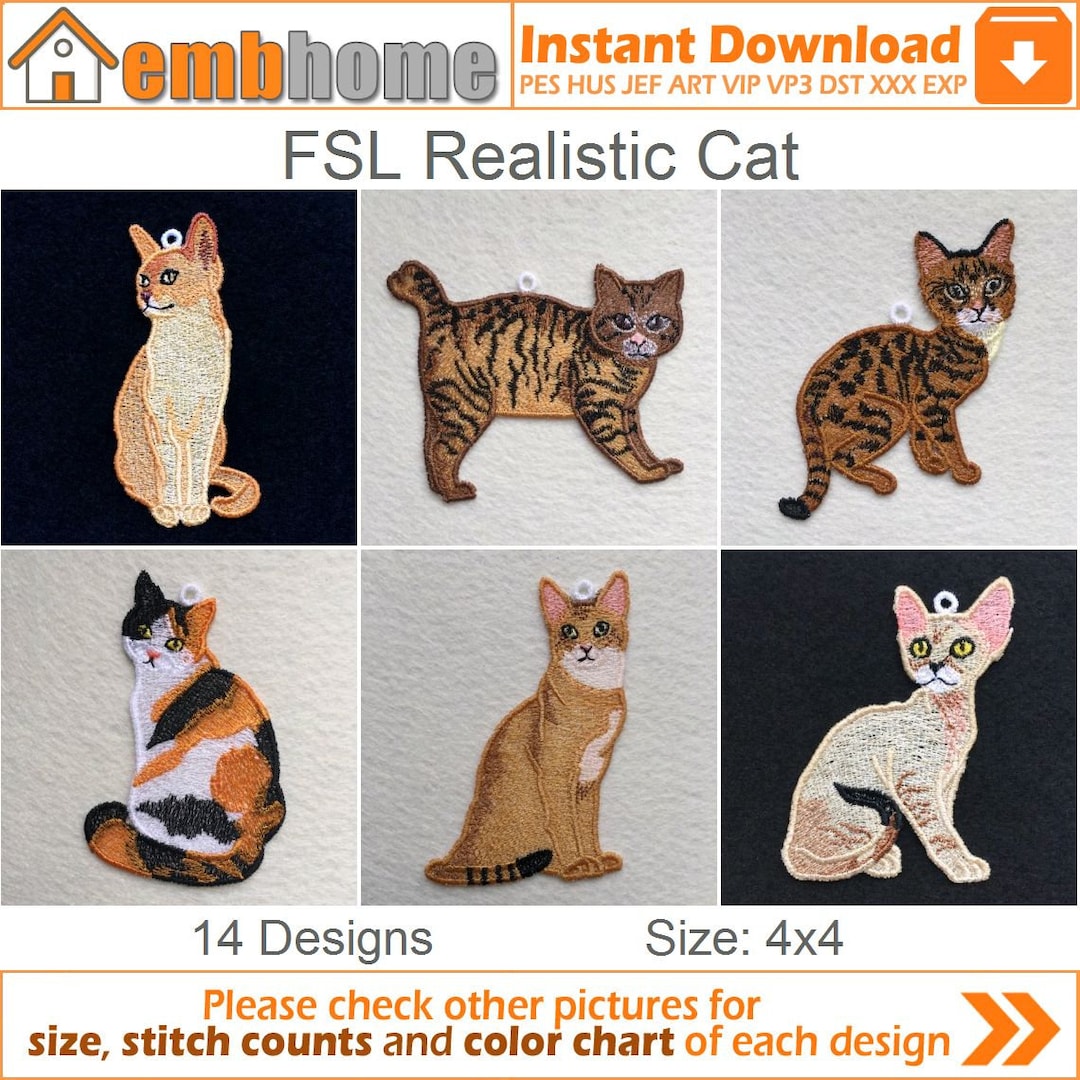 FSL Realistic Cat Free Standing Lace Machine Embroidery Designs Instant ...