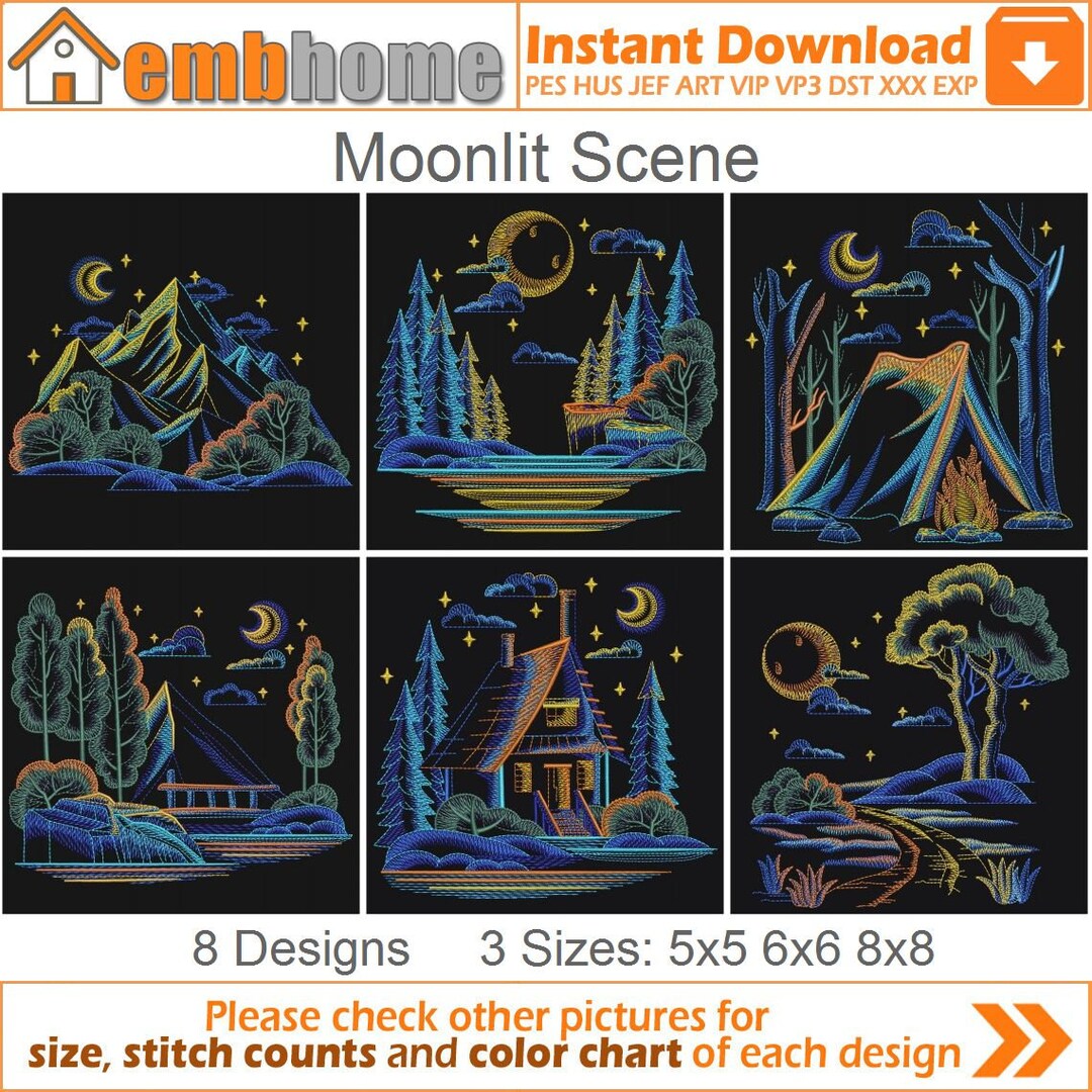 Moonlit Scene Machine Embroidery Designs Pack Instant Download 5x5 6x6 ...