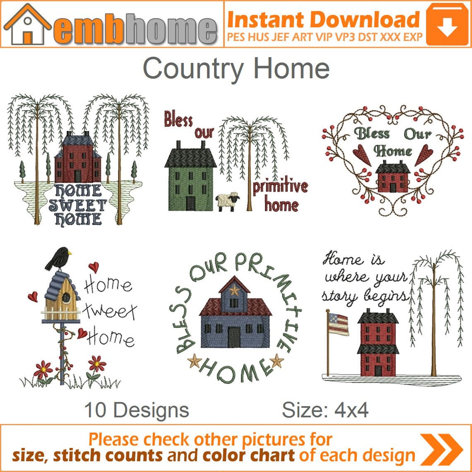 Country Home Primitive Machine Embroidery Designs Pack Instant - Etsy