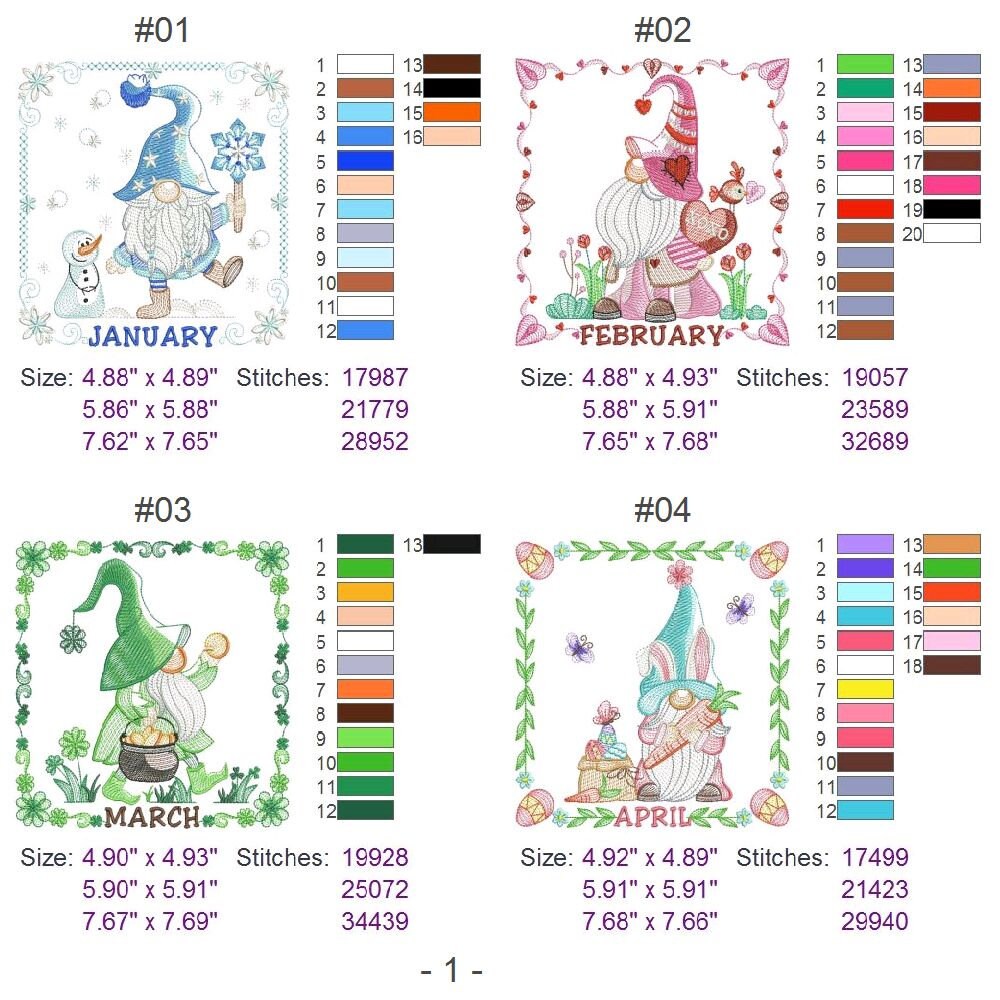 Months of the Year Gnome Embroidery Designs Instant Download - Etsy UK