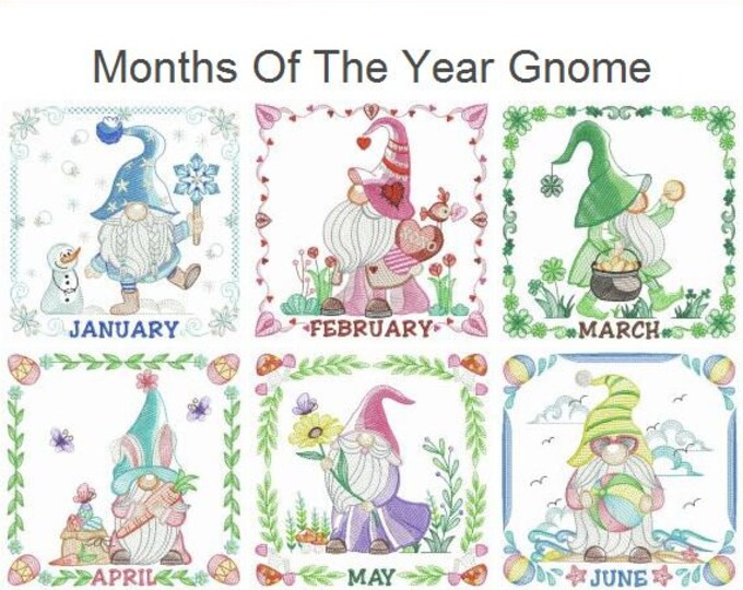 Months of the Year Gnome Embroidery Designs Instant Download - Etsy
