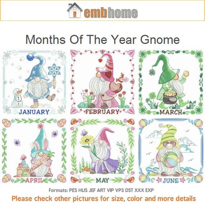 Months of the Year Gnome Embroidery Designs Instant Download - Etsy