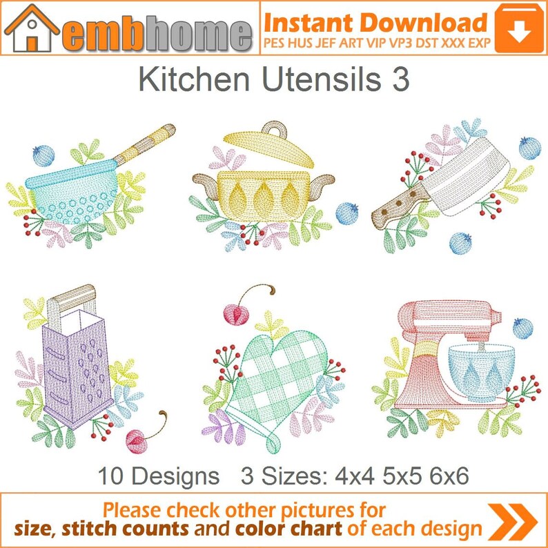 Kitchen Utensils Machine Embroidery Designs Pack Instant - Etsy
