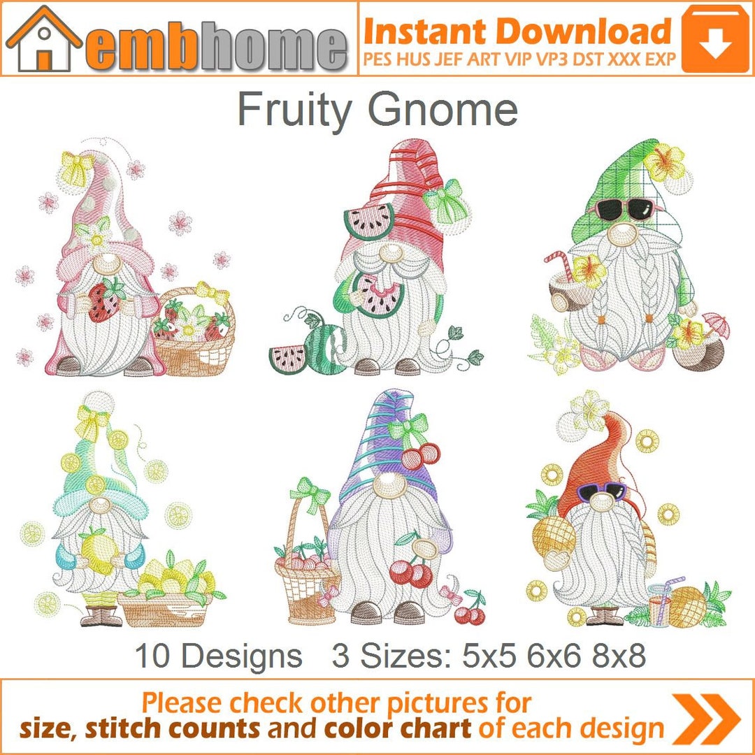 Fruity Gnome Machine Embroidery Designs Pack Instant Download 5x5 6x6 ...