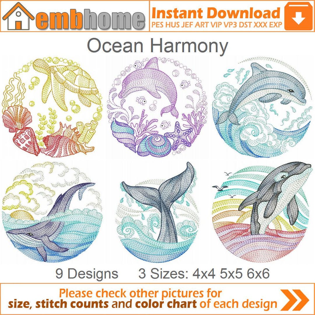 Ocean Harmony Machine Embroidery Designs Pack Instant Download 4x4 5x5 ...