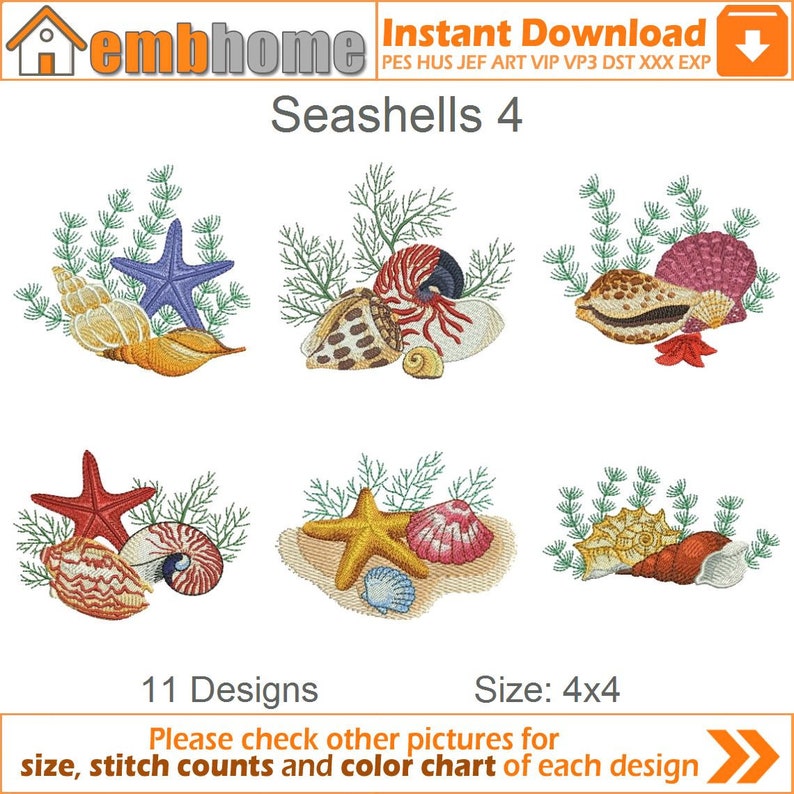 Seashells Machine Embroidery Designs Pack Instant Download 4x4 Hoop 11 ...