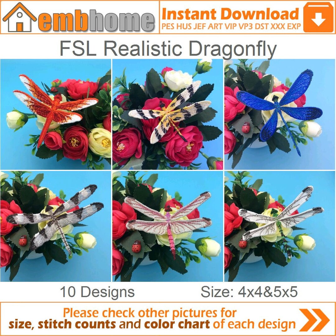 FSL Realistic Dragonfly Free Standing Lace Ornaments Machine Embroidery ...