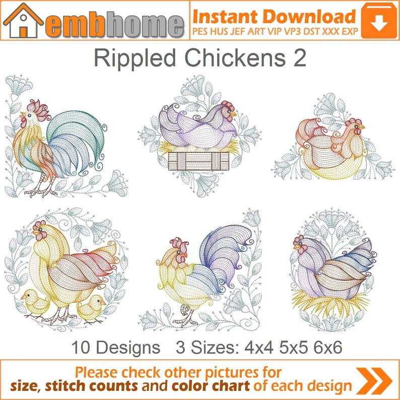 Rippled Chickens Machine Embroidery Designs Instant Download 4x4 5x5 6x6 Hoop 10 Designs APE2840 ...